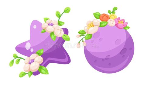 Celestial Body With Flower Adornment As Sky Object Vector Set Stock Vector Illustration Of