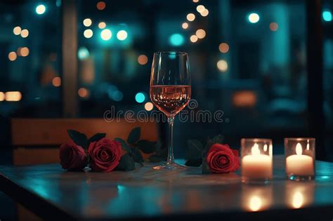 Romantic Dinner Scene With A Glass Of Pink Wine And Red Roses On A