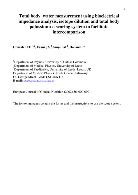 Pdf Total Body Water Measurement Using Bioelectrical Impedance