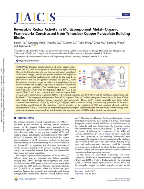 Pdf Reversible Redox Activity In Multicomponent Metal−organic