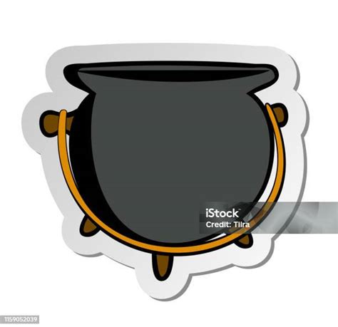 벡터 일러스트 흰색 배경에 고립 된 평면 만화 스타일의 황금 손잡이가있는 검은 냄비스티커 2차 도형에 대한 스톡 벡터 아트 및