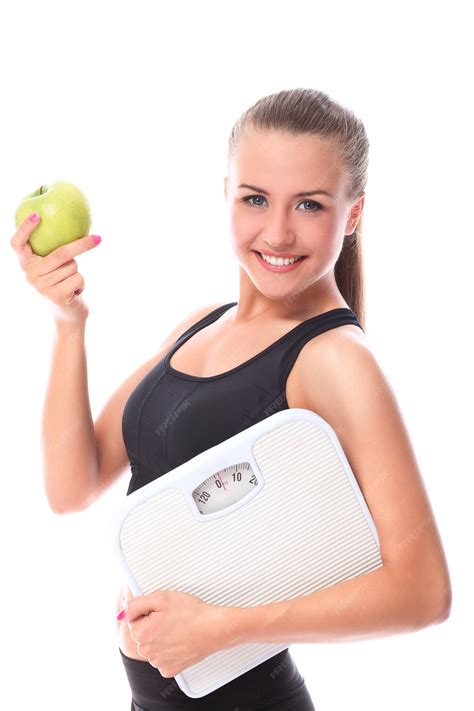 Free Photo Happy Woman With Scales And Green Apple