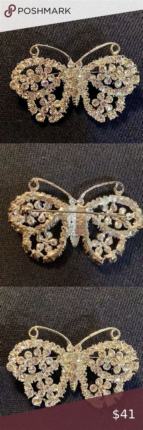 Vintage Butterfly Brooch Clear Reflective Crystal Rhinestones Silver