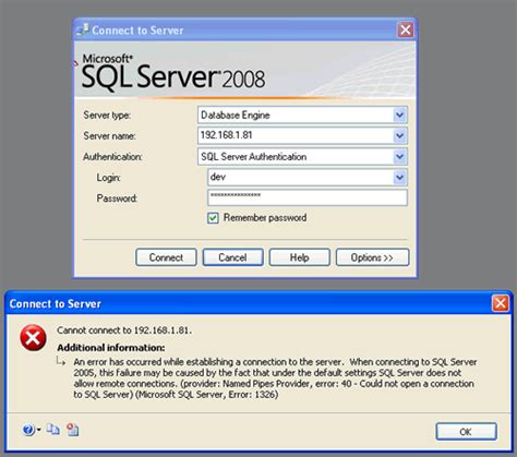 Sql Server Fix Error 1326 Cannot Connect To Database Server Error 40 Could Not Open A