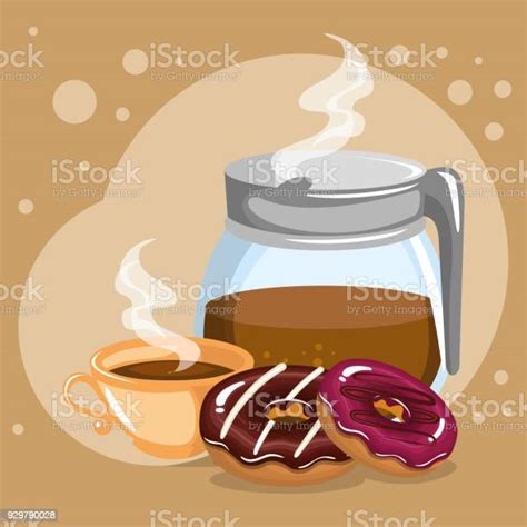 맛 있는 커피 주전자와 도넛에 도넛에 대한 스톡 벡터 아트 및 기타 이미지 도넛 귀여운 깨짐 Istock