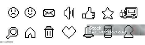 웹 사이트 및 모바일 사용자 인터페이스를 위한 흑백 8비트 윤곽선 픽셀 아트 아이콘입니다 미니멀리스트 스타일로 설정된 벡터 아이콘입니다 Brand Name Online