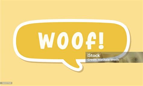 말풍선 풍선 디지털 스티커 디자인의 Woof 텍스트 귀여운 만화 만화 개 짖는 소리 효과와 글자 질감 벡터 그림입니다