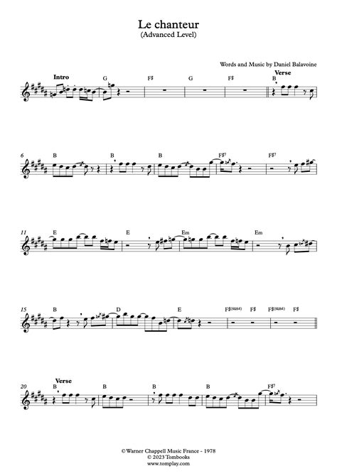 Le Chanteur Advanced Level Soprano Sax Daniel Balavoine Saxophone Sheet Music