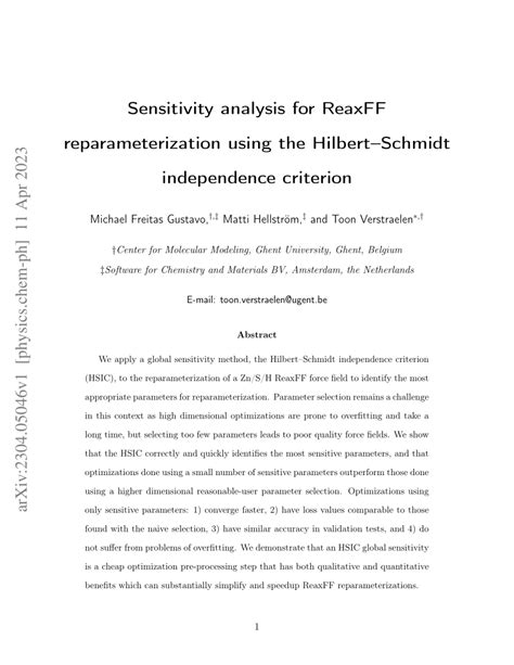 Pdf Sensitivity Analysis For Reaxff Reparameterization Using The Hilbert Schmidt Independence