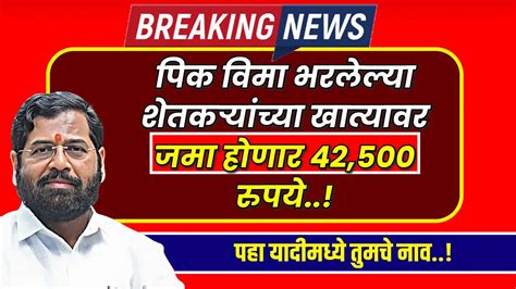 पिक विमा भरलेल्या शेतकऱ्यांच्या खात्यावर जमा होणार 42500 रुपये Pik