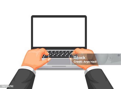 흰색 배경으로 격리 된 만화 일러스트 벡터에서 컴퓨터 기호 개념을 사용하여 노트북 작업 또는 학습에 손 입력 컴퓨터에 대한 스톡