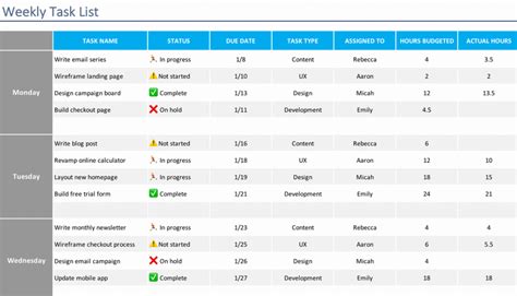 Weekly Task List Template Excel