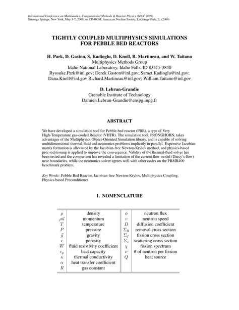 Pdf Tightly Coupled Multiphysics Simulations For Pebble Bed Reactors