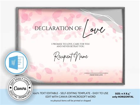 Editable Certificate Of Declaration Template Award Template Etsy