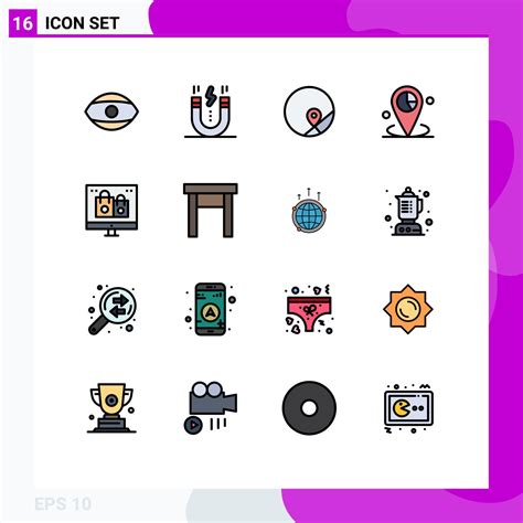 Mobile Interface Flat Color Filled Line Set Of 16 Pictograms Of Placeholder Location Snap Graph