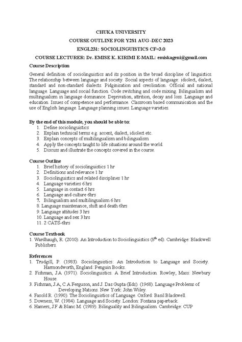 Engl 231 Course Outline Chuka University Course Outline For Y2s1 Aug