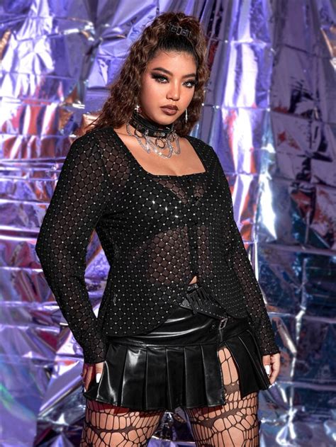 Plus Rhinestone Sheer Top Without Bra Shein Uk
