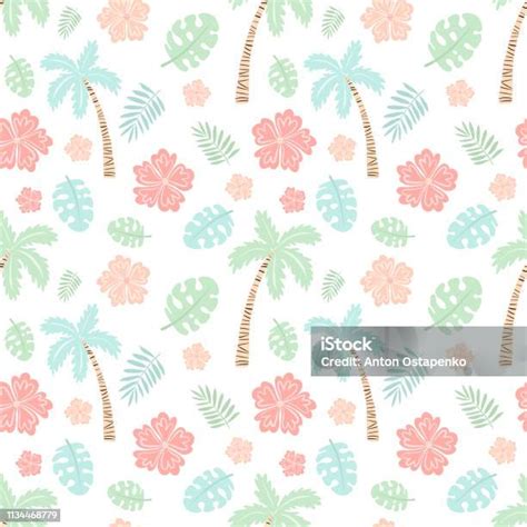 손바닥 나뭇잎 몬스 테라 히 비 스커 스가 있는 완벽 한 열 대 패턴 벡터 여름 그림 아이 들을 위한 플라밍고 직물 배경 보육 생일 샤워 종이 옷 선물 직물 0명에 대한