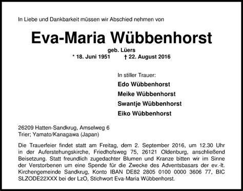 Traueranzeigen von Eva Maria Wübbenhorst nordwest trauer de