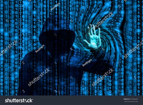 hooded hacker manipulates computer program by stock illustration 673364281