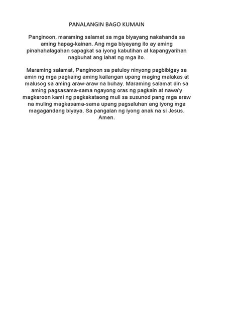 Panalangin Bago Kumain Pdf