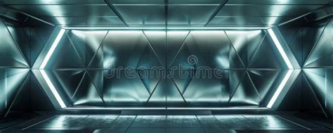 A Futuristic Metal Wall With A Series Of Overlapping Triangular Panels Each With Embedded Led