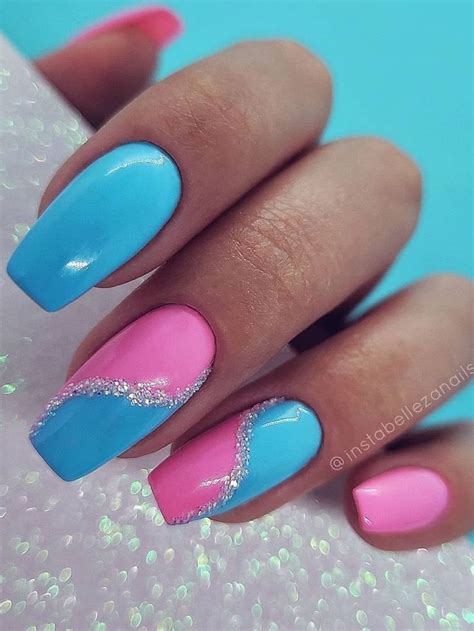 Bright Neon Pastel Pink And Blue Silver Gel Polish Gender Reveal Nail