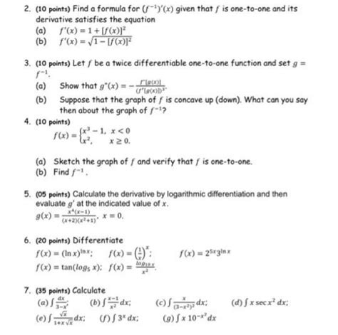 solved 2 10 points find a formula for f−1 ′ x given