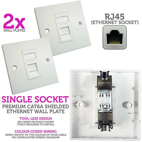 2x Single Cat6a Shielded Wall Plate Tool Less Rj45 Ethernet Data Socket