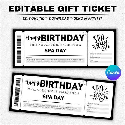 Editable Birthday Spa Day T Ticket Template Surprise Spa Wellness