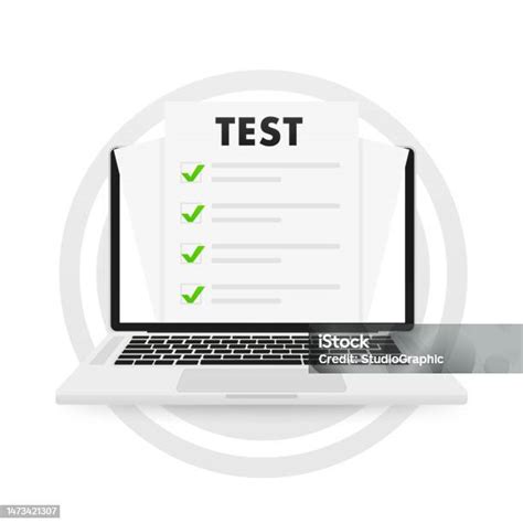 온라인 시험 체크리스트가 있는 노트북 시험 응시 답변 선택 설문지 양식 교육 개념 평면 만화 디자인입니다 벡터 그림 감시에 대한 스톡 벡터 아트 및 기타 이미지 Istock