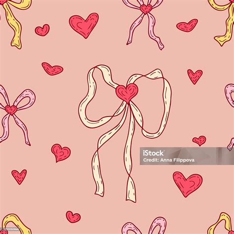 요염 리본 활과 마음 완벽 한 패턴입니다 직물 종이 직물을 위한 섬세하고 여성스러운 인쇄 손으로 그린 벡터 그림입니다 나비매듭에 대한 스톡 벡터 아트 및 기타 이미지