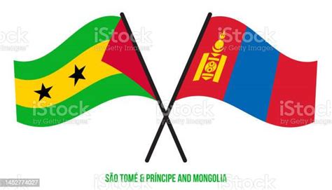 상투메와 몽골 국기가 교차하고 평평한 스타일로 흔들립니다 공식 비율 올바른 색상 Mongolian Flag에 대한 스톡 벡터