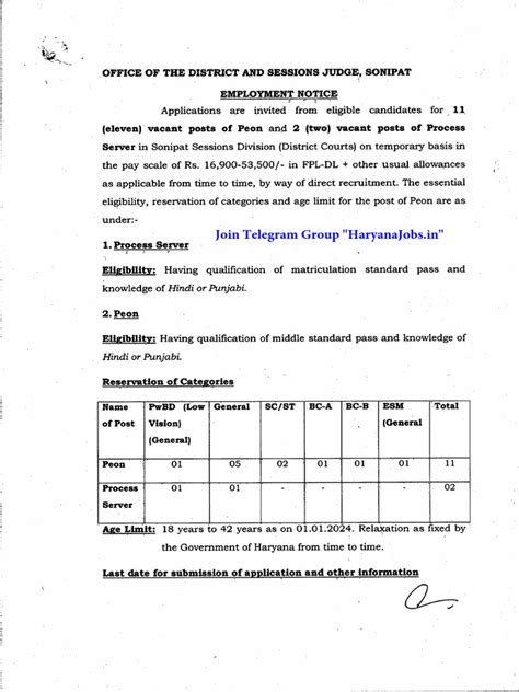 Sonipat Court Recruitment 2024 Notificaiton Peon And Process Server