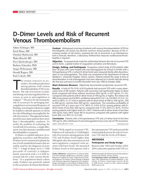 Pdf D Dimer Levels And Risk Of Recurrent Venous Thromboembolism