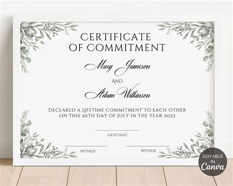 Certificate Of Commitment Editable Template Greenery Etsy
