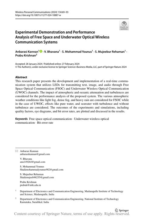Experimental Demonstration And Performance Analysis Of Free Space And