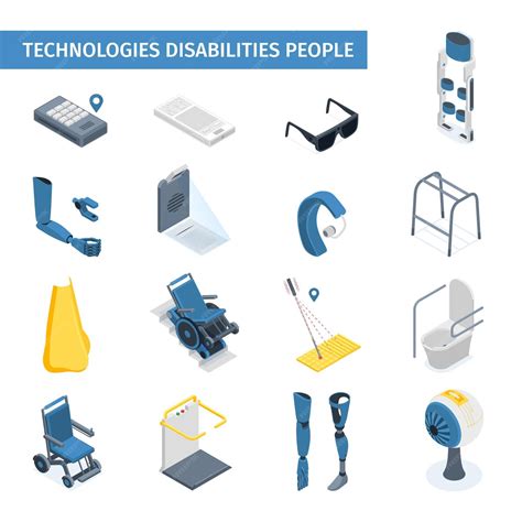 외골격 보행기가 있는 장애인을 위한 스마트 기술 가제트 및 생체 공학 보철물의 아이소메트릭 세트는 맹인 격리된 벡터 일러스트레이션을 위한 휠체어 엘리베이터 전화입니다