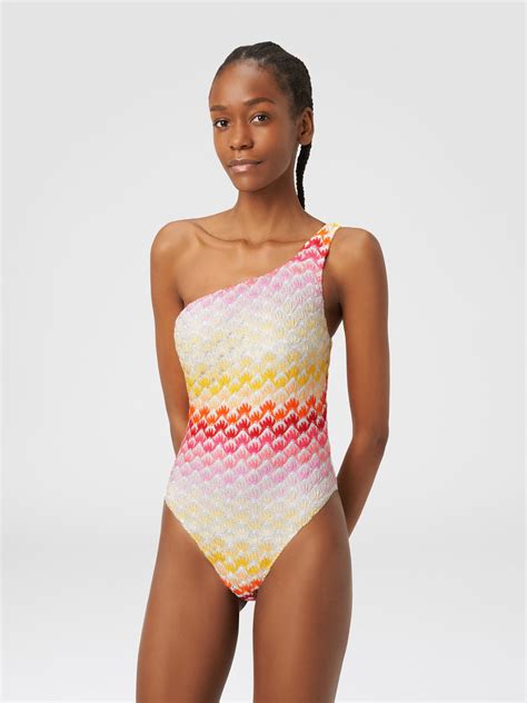 Lace Effect One Shoulder One Piece Swimming Costume With Lurex Red