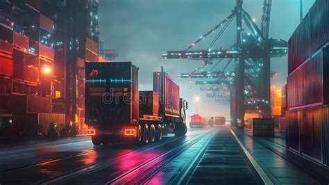 Futuristic Container Truck And Port Setup Featuring Advanced Technology And Automation