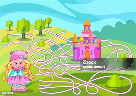 공주에서 어린이 미로 성 재미 있는 수수께끼 엔터테인먼트 및 오락 옳은 길을 찾아 키즈 아트 게임 및 활동 페이지입니다 아이 보드 게임 미로 벡터 일러스트입니다 공주에 대한