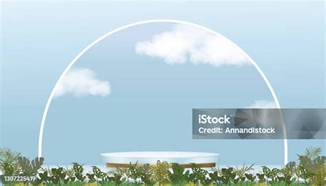 파란 하늘에 실린더 스탠드 야자수 잎과 열대 식물구름이 있는 최소한의 연단 쇼케이스 디스플레이 여름 제품 프레젠테이션을 위한 벡터 사실적인 3d 스테이지 받침대 플랫폼