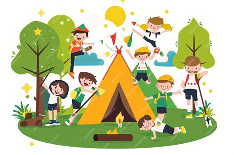 하 배경에 여름 캠프 만화 터 프리미엄 벡터