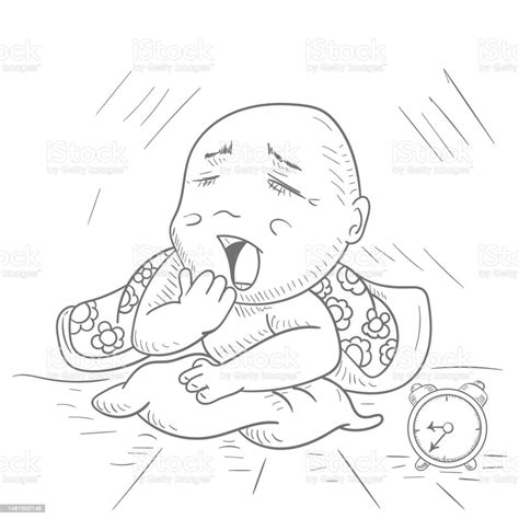 작은 웃긴 남자 Chibi는 낙서 스타일의 담요 등고선 벡터 그림 아래 베개에 누워 하품을 합니다 귀여운에 대한 스톡 벡터 아트 및 기타 이미지 Istock