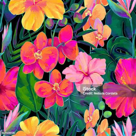 Seamless Pattern Of Orchid And Hybiscus Flowers Stock Illustration