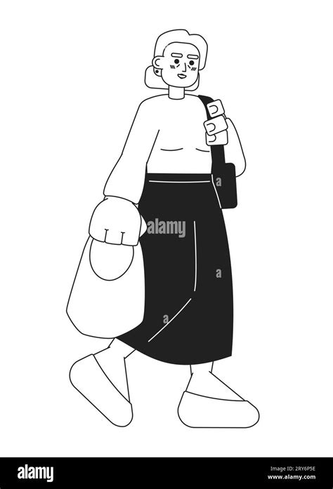 Granny Old Woman Going Shopping Black And White 2d Cartoon Character