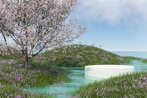 Abstact 3d 렌더링 봄 장면 및 자연 연단 배경 산 잔디밭 및 제품 디스플레이 광고 화장품 등을 위한 벚꽃 나무가 있는 바다의 흰색 연단 3차원 형태에 대한 스톡