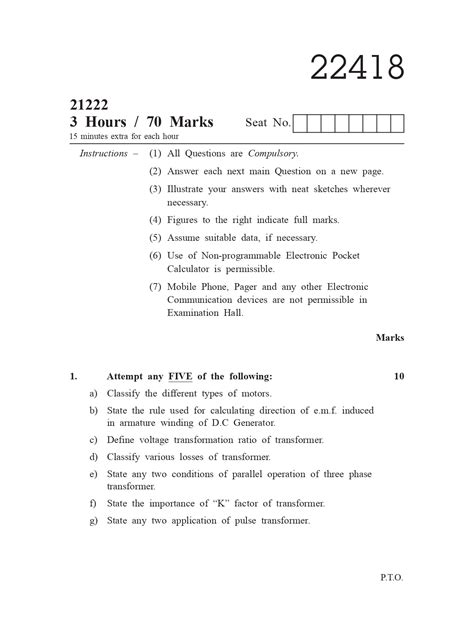 ELECTRIC MOTORS AND TRANSFORMERS 22418 Old Question Paper With Model