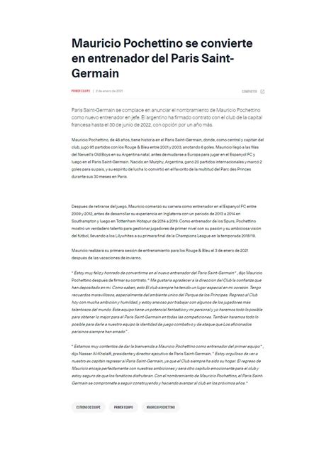 Oficial Mauricio Pochettino Es El Nuevo Dt Del Paris Saint Germain
