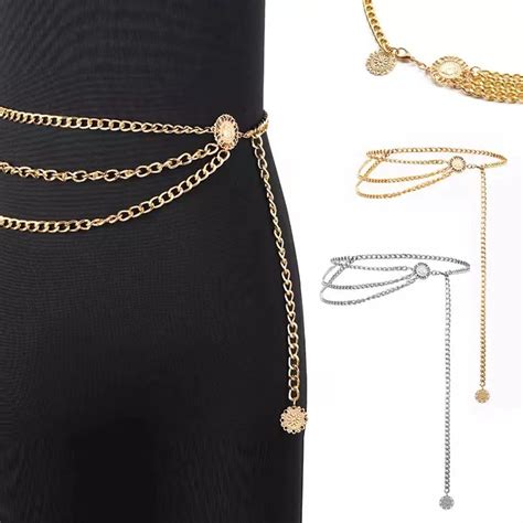 Cinto Feminina Cintura Alta Ouro Prata Estreito Metal Corrente Borla